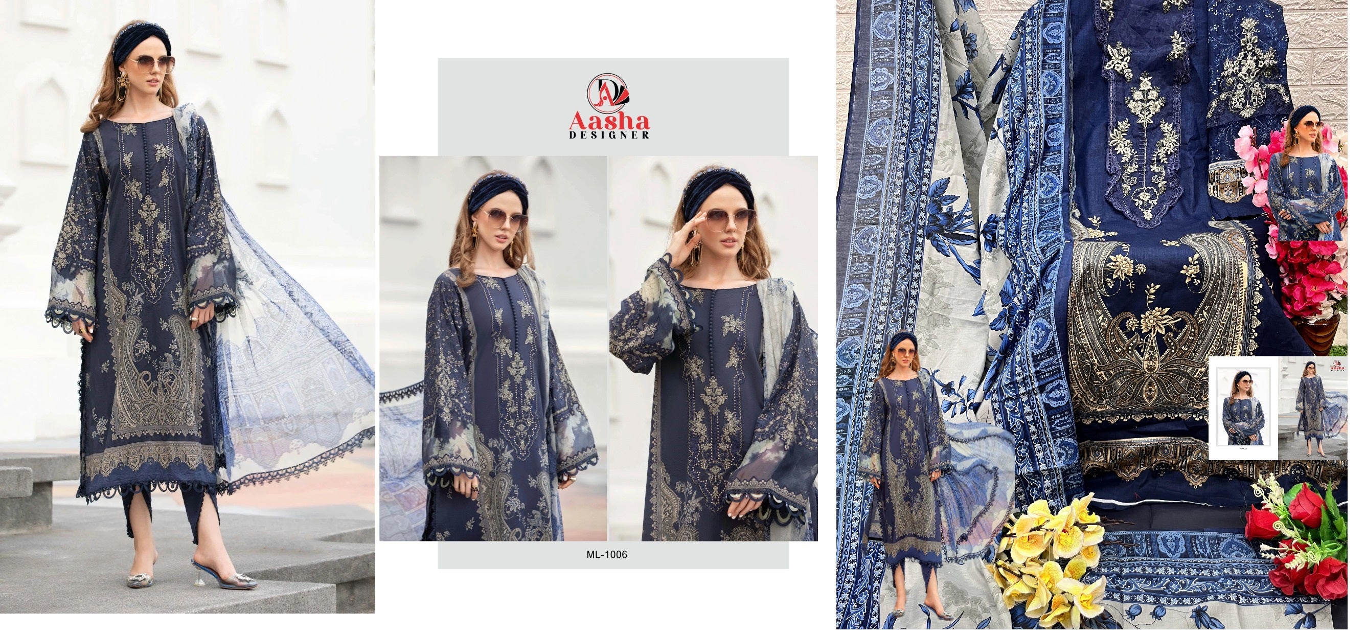 1006-A Aasha Designer Cotton Pakistani Patch Suits – Heriska