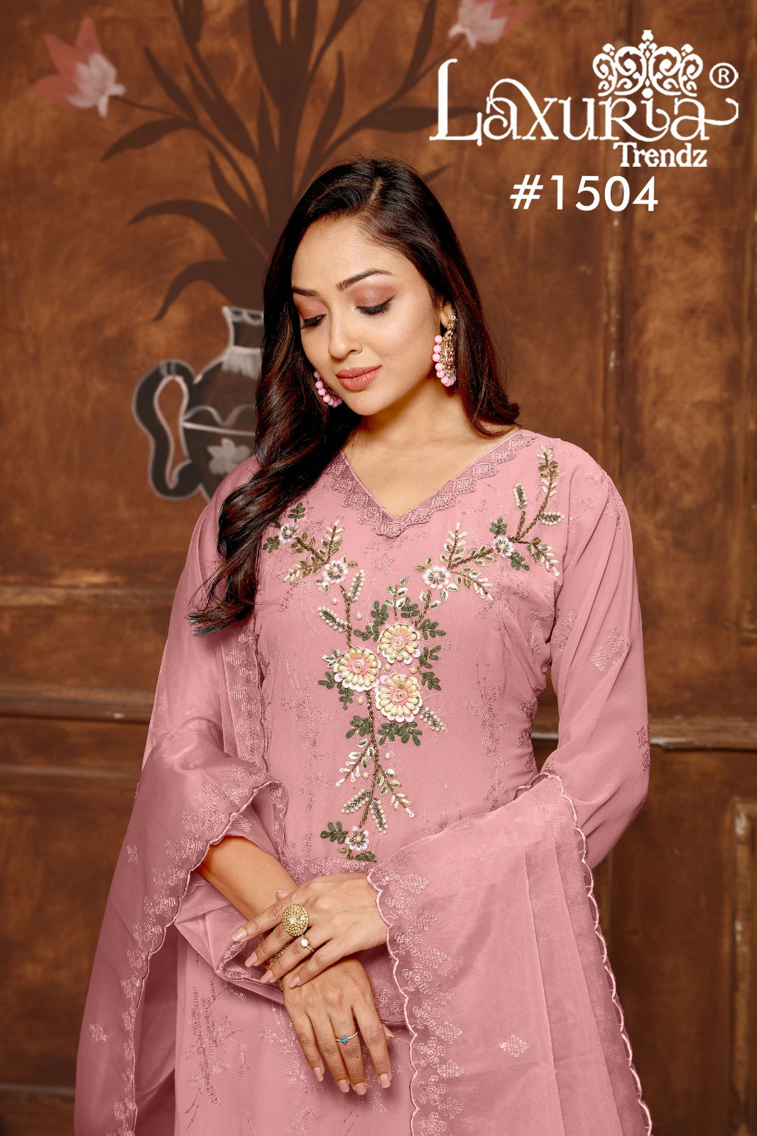 1504 Pink Laxuria Trendz Fox Georgette Pakistani Readymade Suits – Heriska