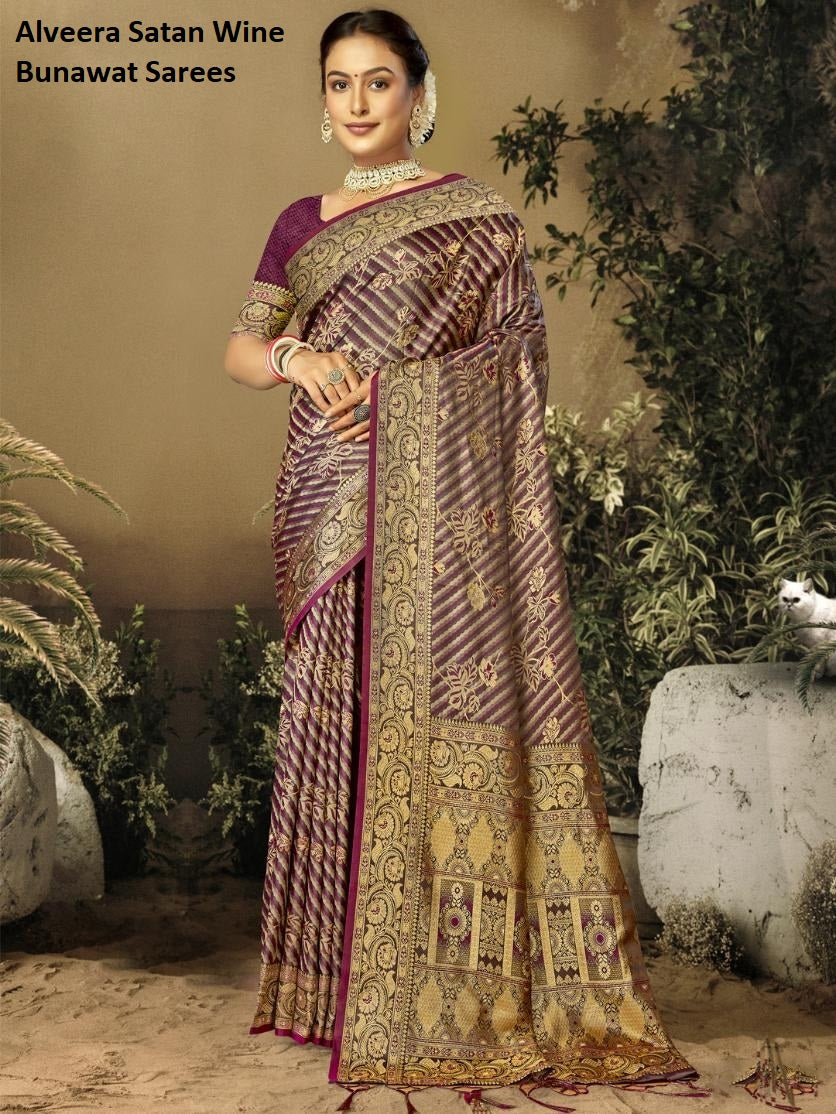 Alveera Satan Wine Bunawat Sarees – Heriska