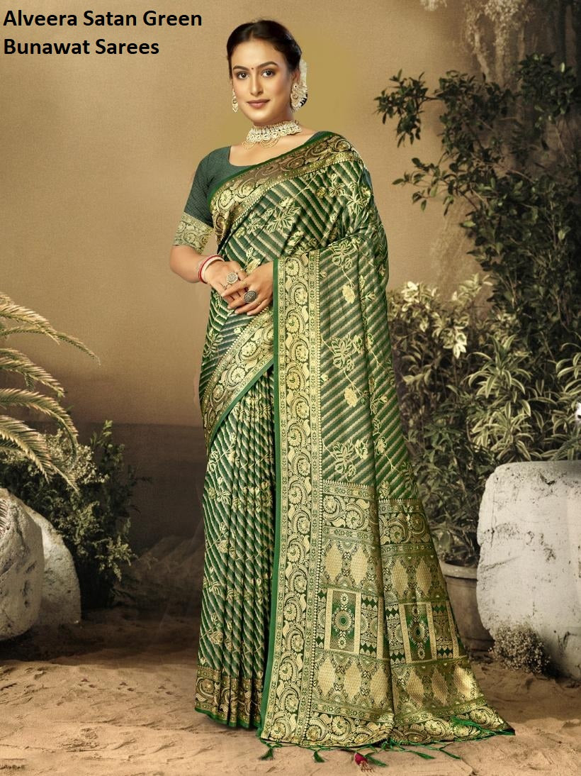 Alveera Satan Green Bunawat Sarees – Heriska