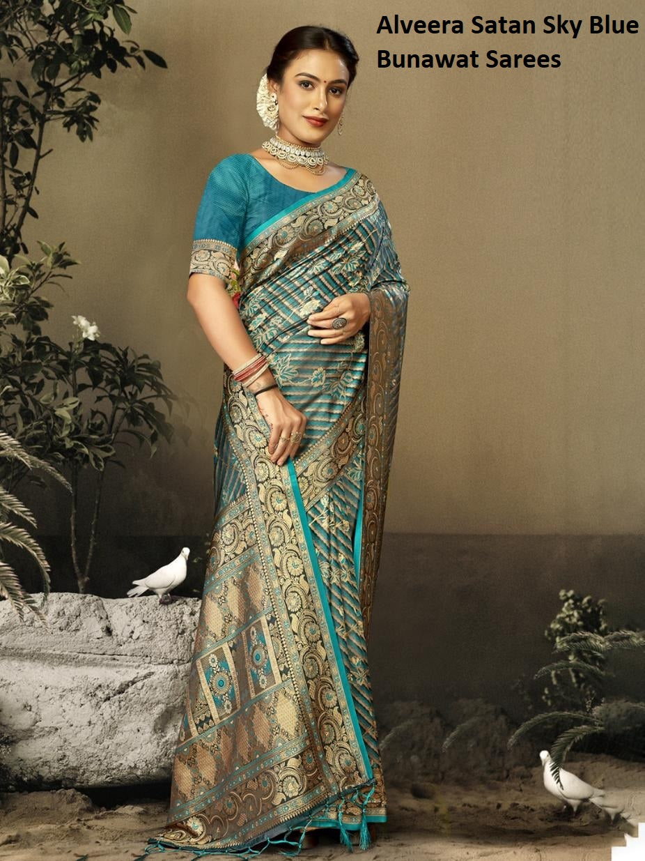 Alveera Satan Sky Blue Bunawat Sarees – Heriska