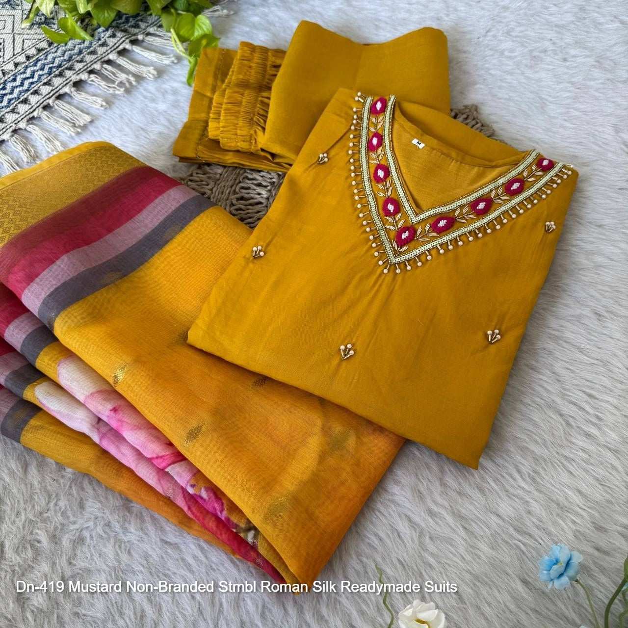 Dn-419 Mustard Non-Branded Stmbl Roman Silk Readymade Suits – Heriska